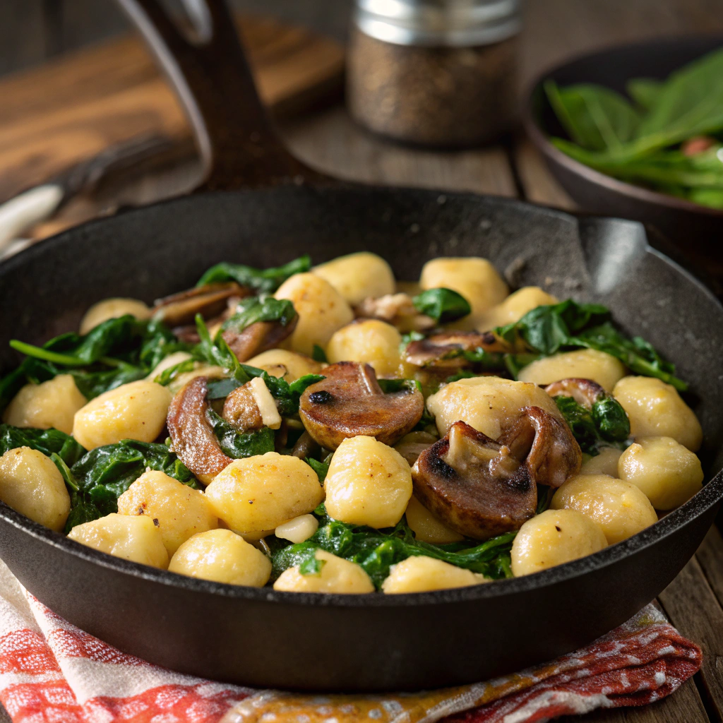Poelee de gnocchis aux champignons et epinards dans une poele en fonte ...